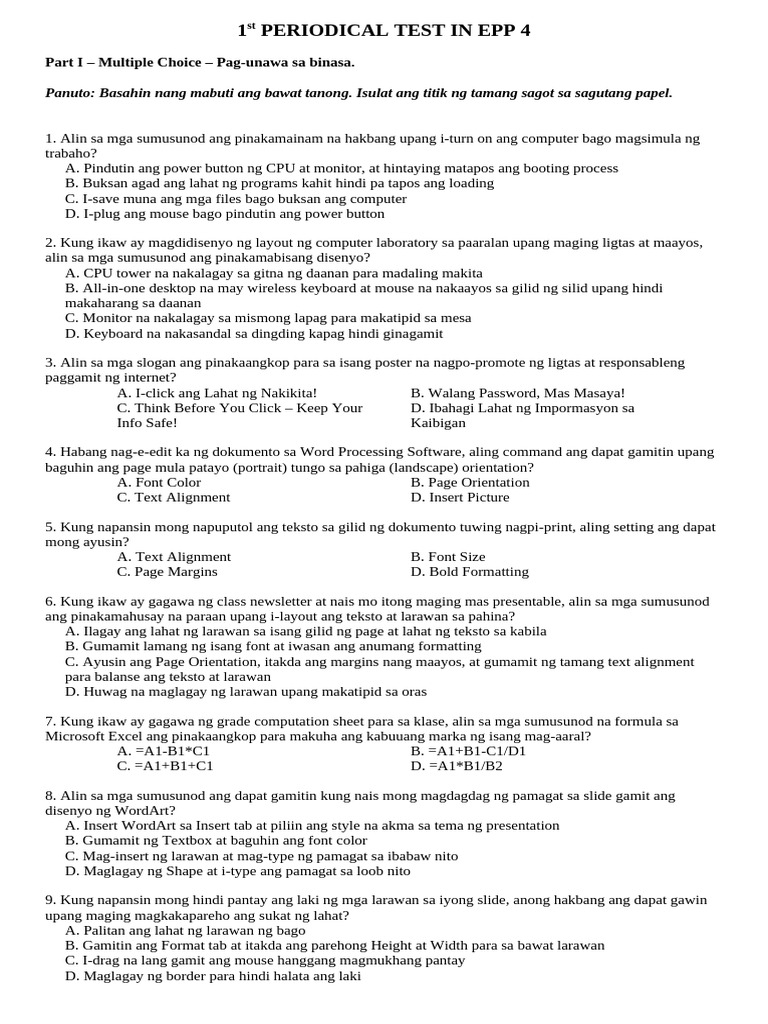 DTC - PT - Epp 4 - q1 Matatag Tos Key | PDF