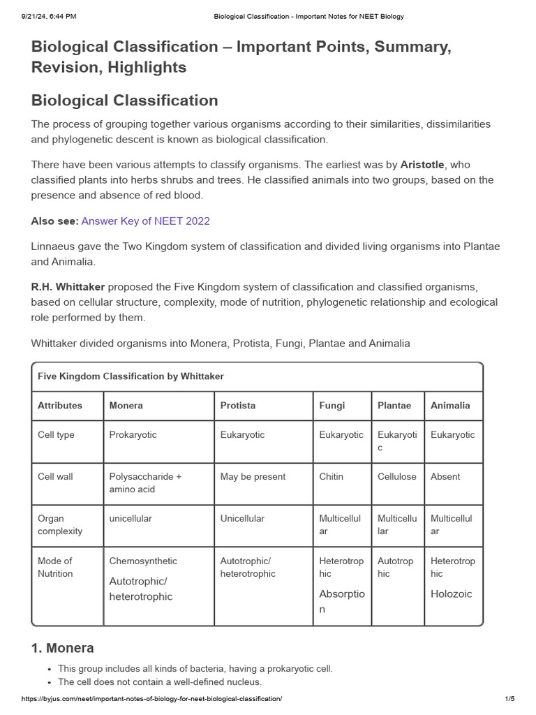 Biological Classification - Important Notes For NEET Biology | PDF ...