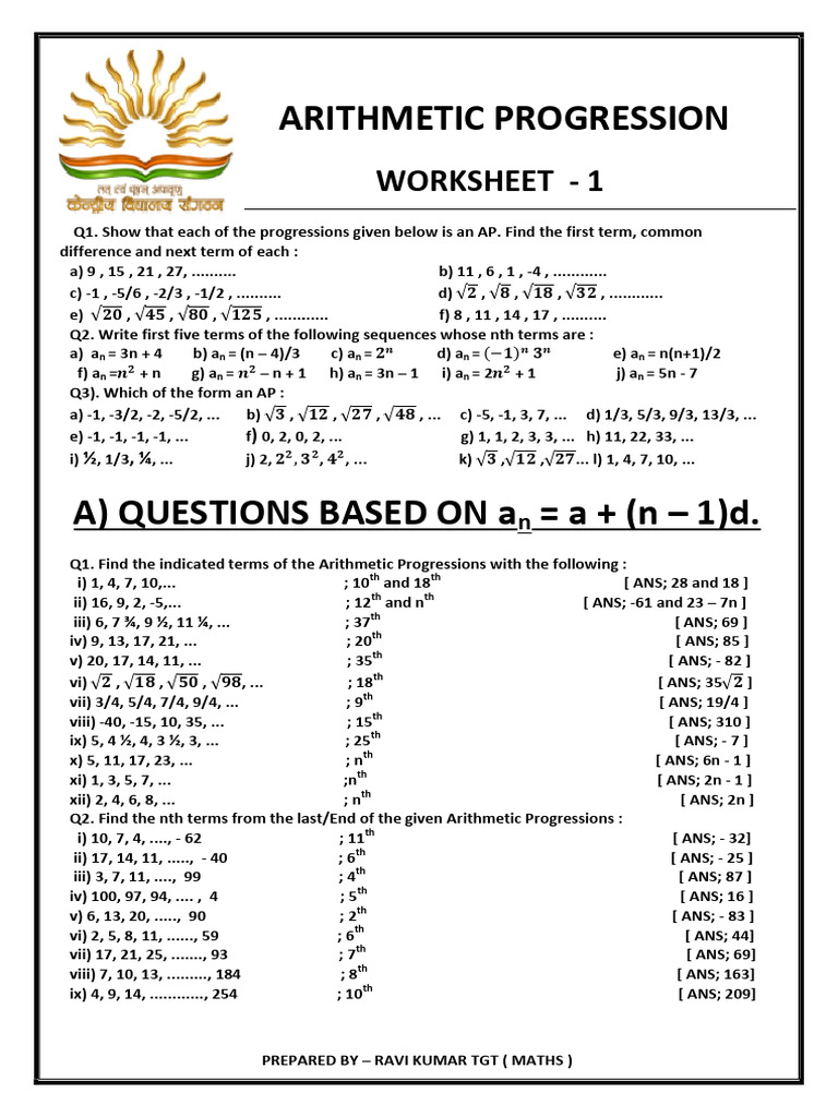 Arithmetic Progressions Worksheet - 1 Class X | PDF | Discrete Mathematics | Elementary Mathematics