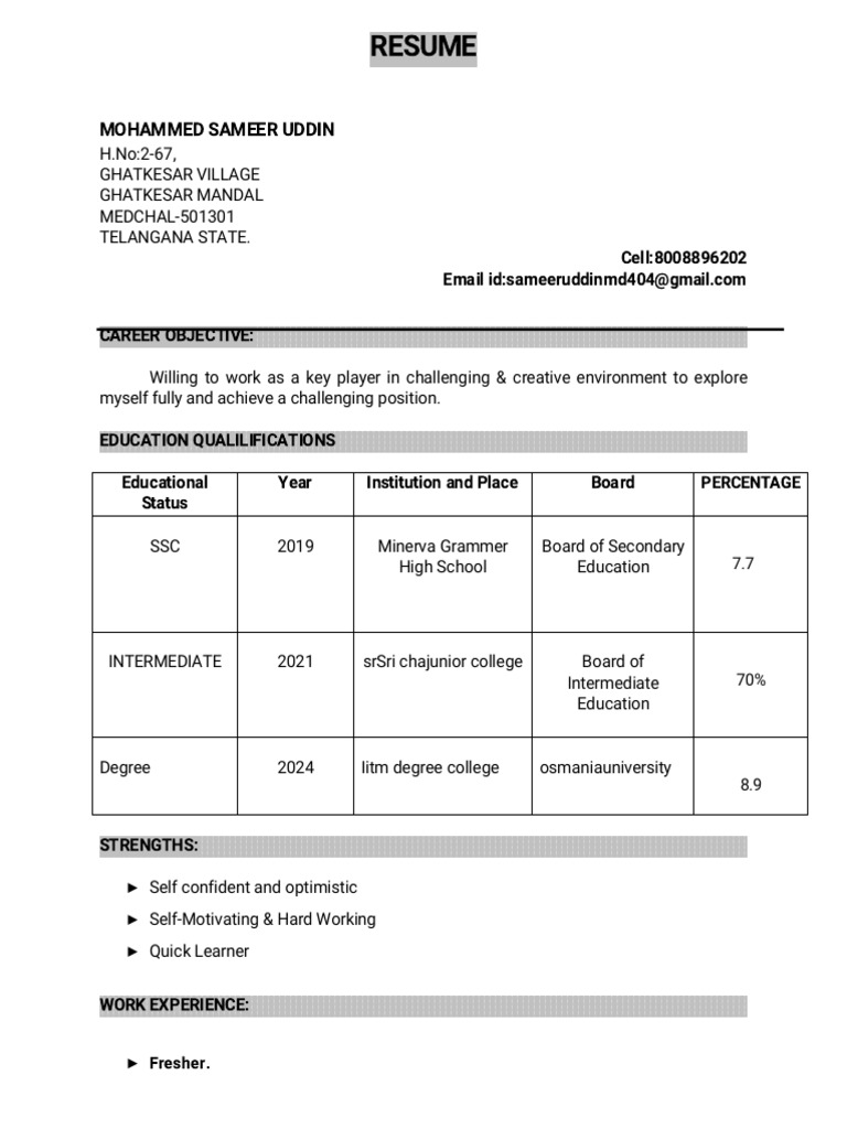 Mohammed Sameer Uddin Resume | PDF