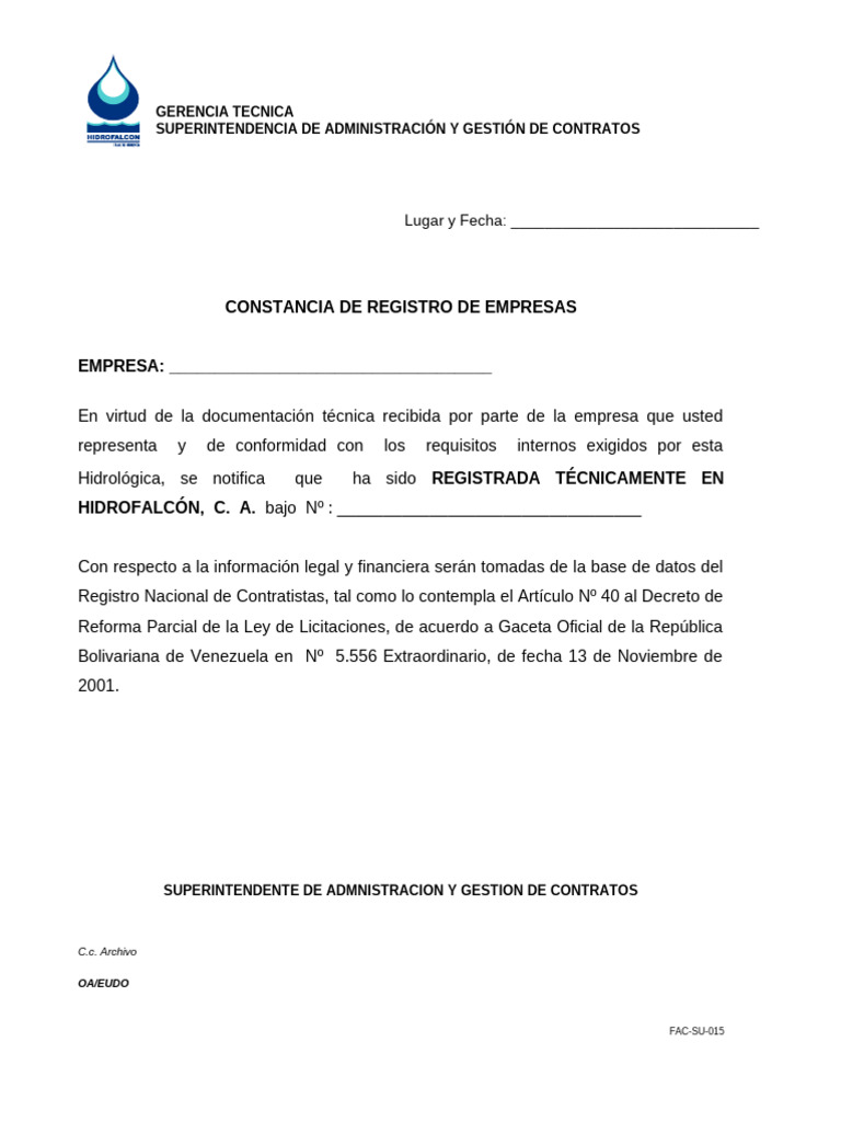 FAC-SU-015 Constancia de Inscripción en El RIC - Hidrofalcón | PDF