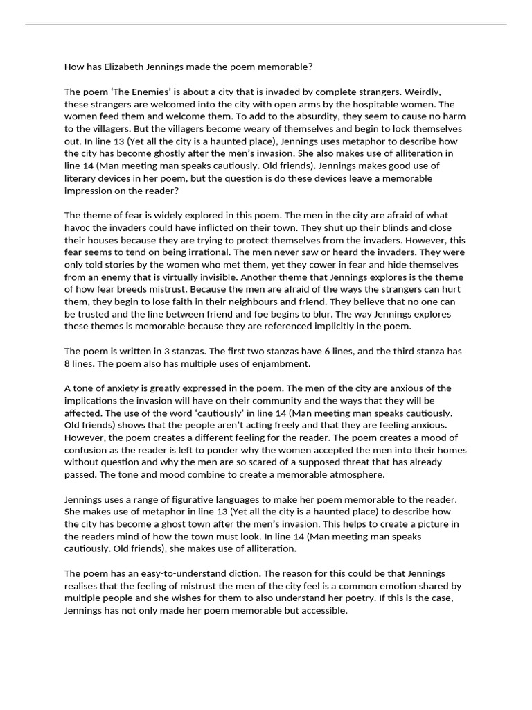 Analyzing "The Enemies" by Elizabeth Jennings | PDF | Poetry | Feeling