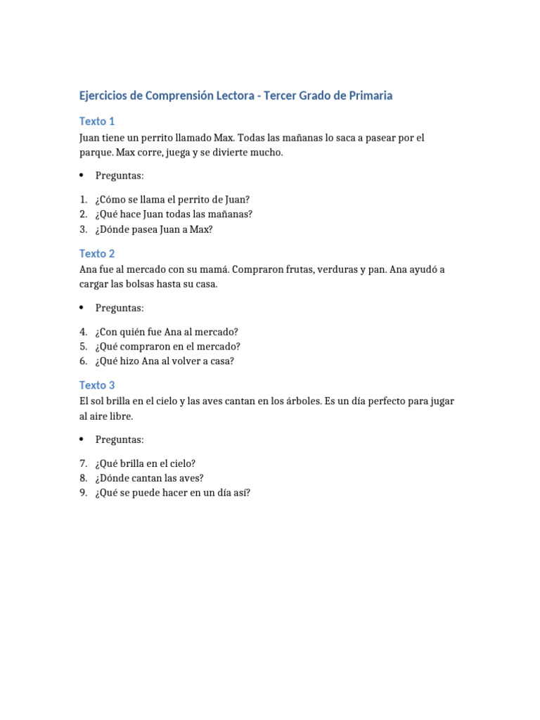 Ejercicios de Comprensión Lectora 3° grado | PDF