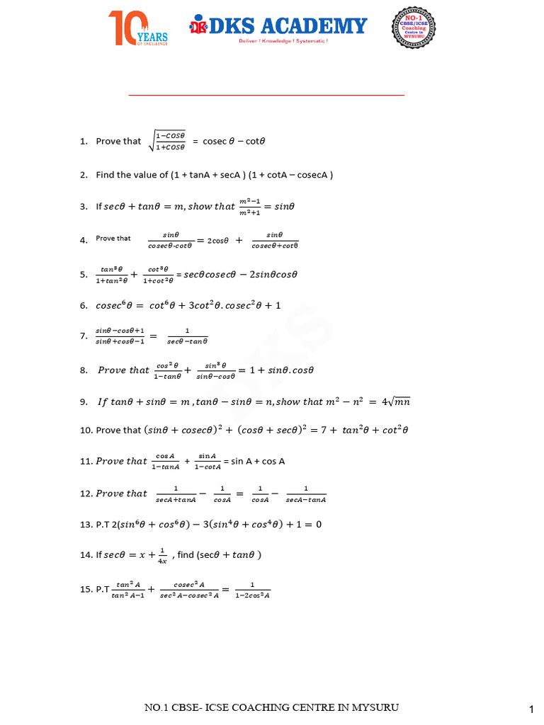 Trigonometry-15 Sample Questions For Saturdays Exam | PDF