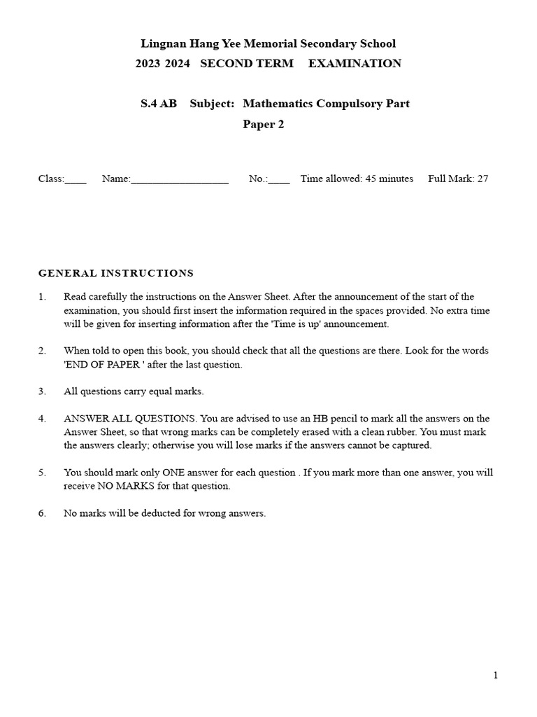 2324 - E2 - MATH - Paper2 2 | PDF | Cartesian Coordinate System | Algebra