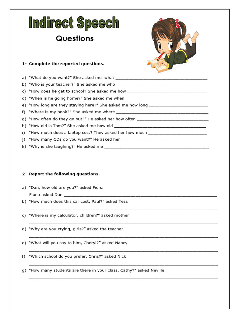 Indirect Speech Questions Exercises | PDF