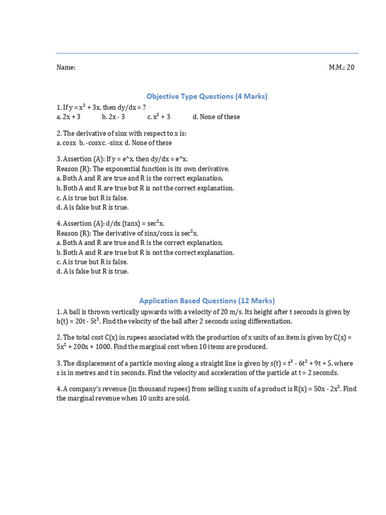 Worksheet - Class - XII - Differentiation To Test | PDF