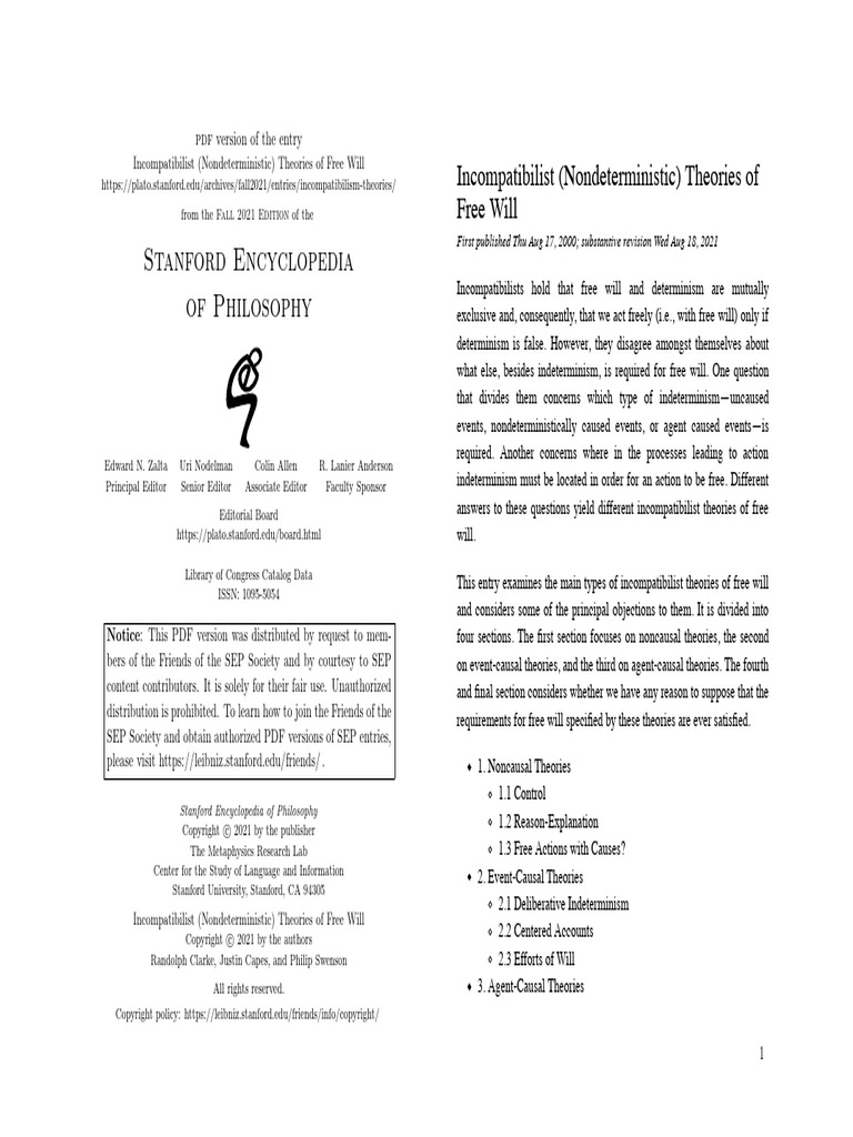 Incompatibilist Theories of Free Will | PDF | Free Will | Intention