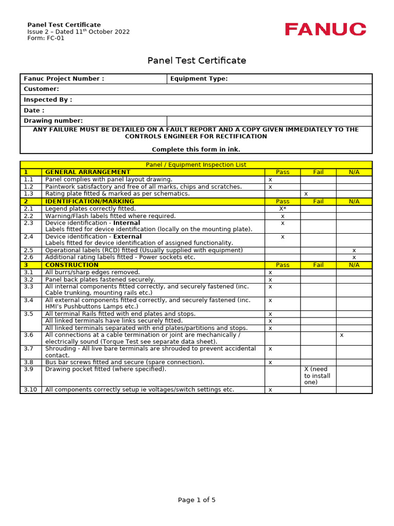 FC-01 Panel Test Certificate | PDF | Electrical Wiring | Fuse (Electrical)