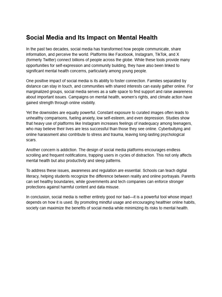 Sample Essay - Social Media and Its Impact On Mental Health | PDF