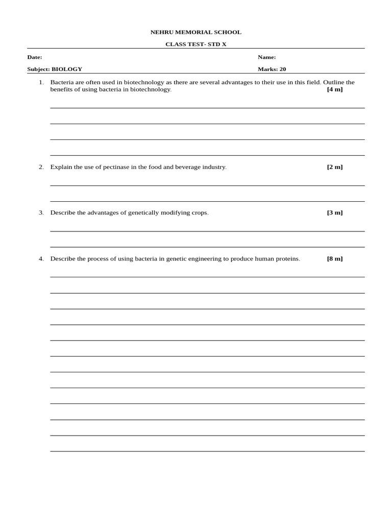 Nehru Memorial School Class Test-Std X Date: Name: Subject: BIOLOGY ...