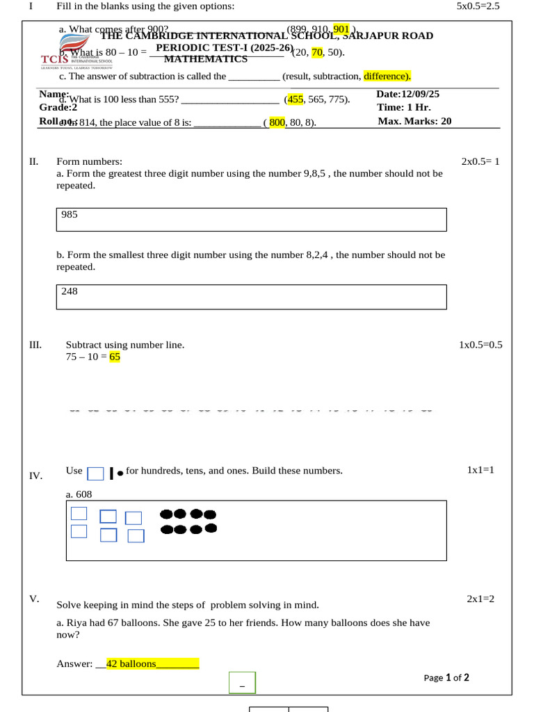 Grade 2 Math Test - Cambridge School | PDF