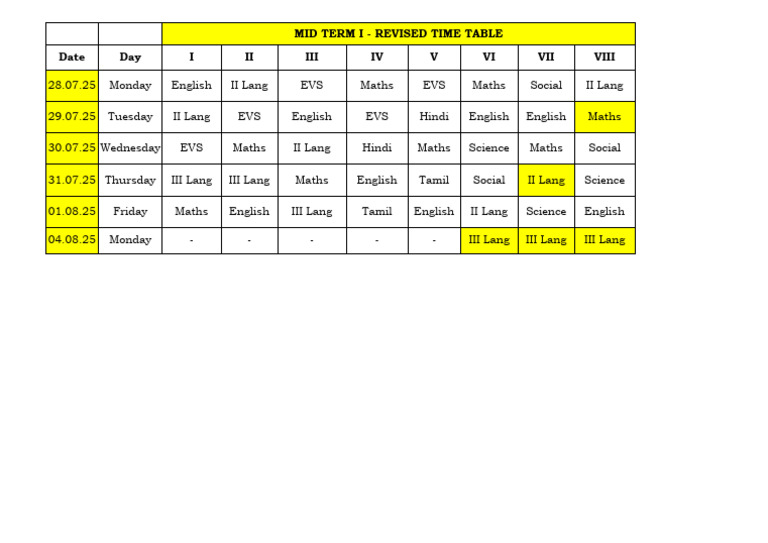 Mid Term 1 Revised Time Table | PDF