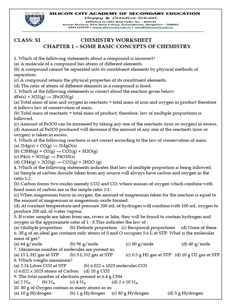 Grade 11 Chem Chapter 1 Worksheet | PDF | Mole (Unit) | Chemistry