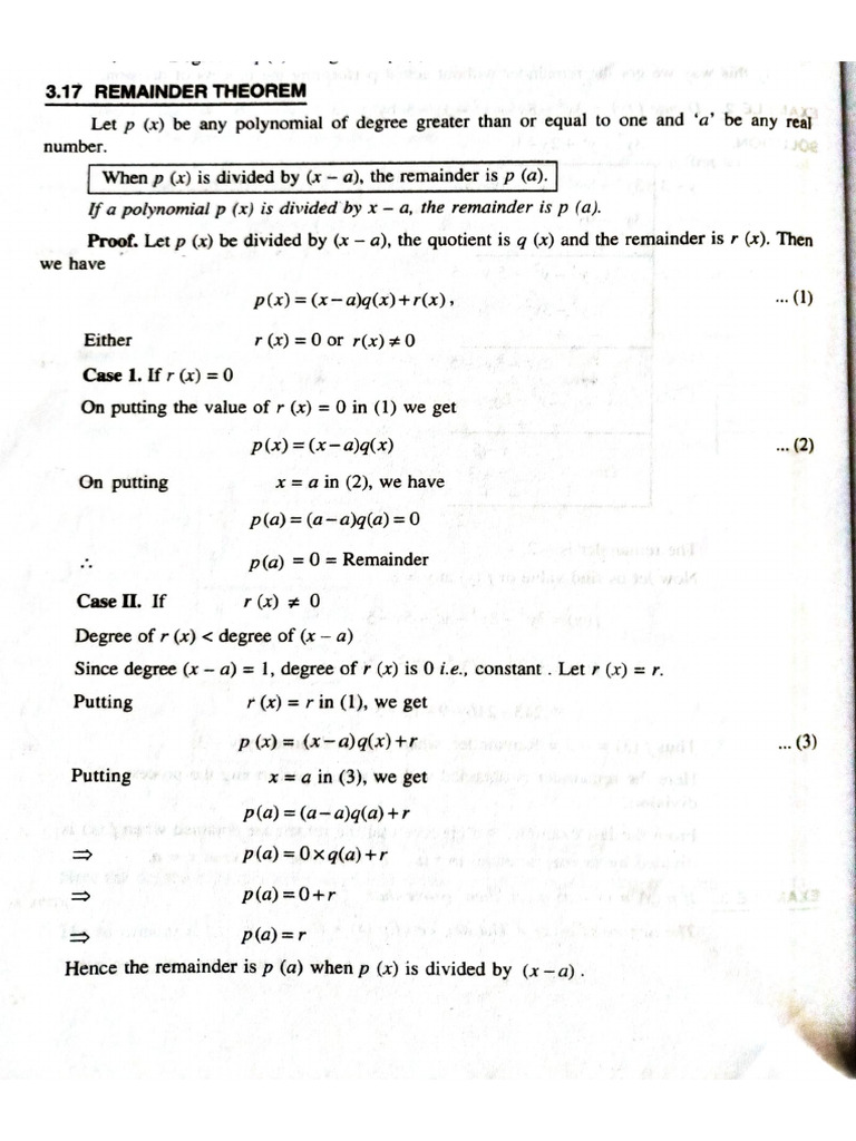 Remainder Theorem and Factor Theorem | PDF
