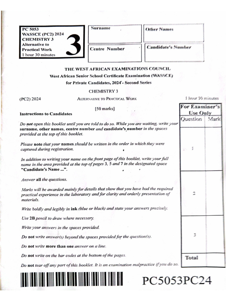 2024 WAEC GCE Chemistry Practical Questions - 042843 | PDF