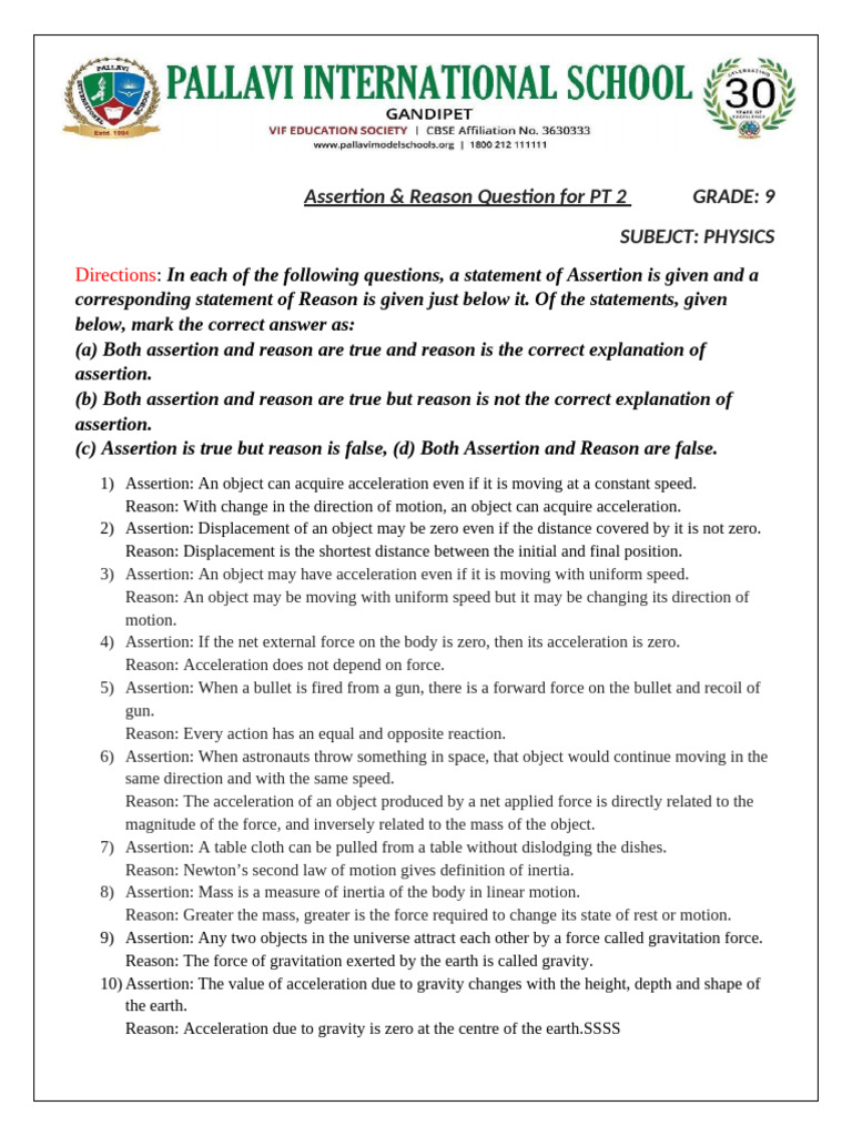 Assertion & Reason Question For PT 2 GRADE: 9 Subejct: Physics | PDF ...
