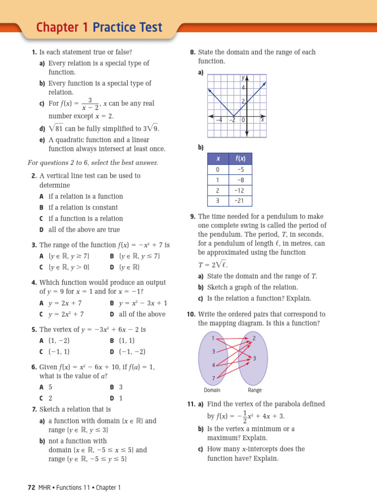 Chapter 1 Practice Test | PDF | Function (Mathematics) | Quadratic Equation