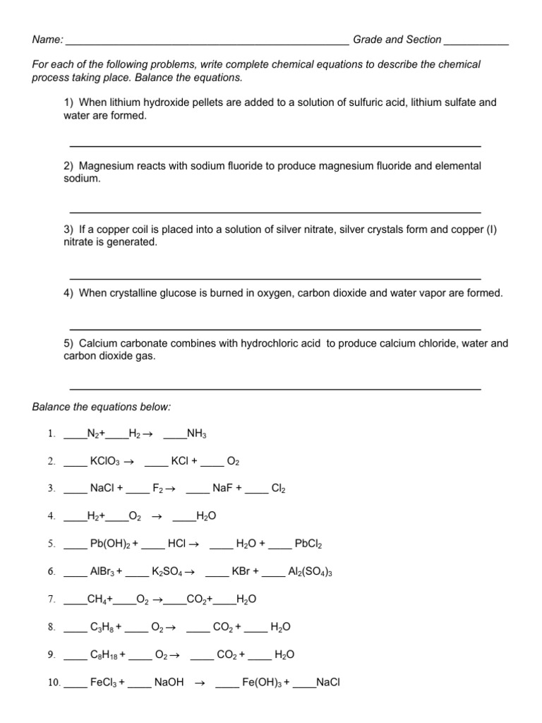 Balancing and Writing Chemical Equations | PDF
