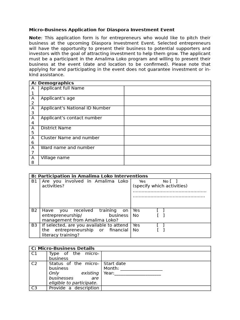Micro-Business Pitch Application Form | PDF | Private Sector | Business ...