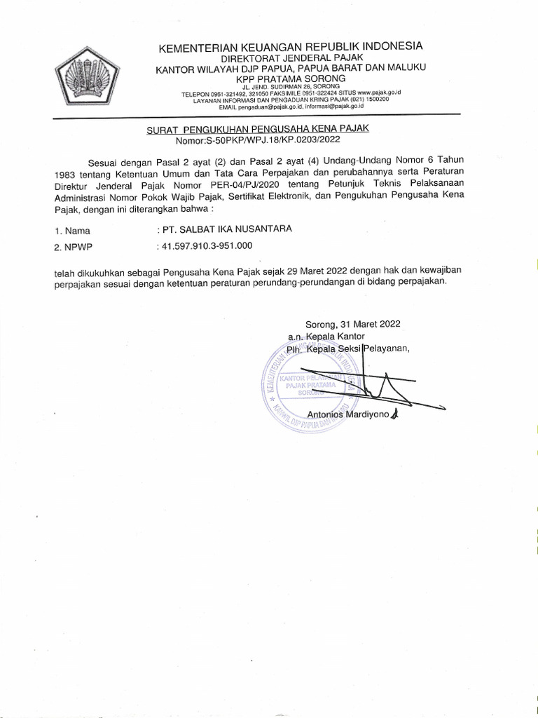 Surat Pengukuhan PKP - SIN | PDF