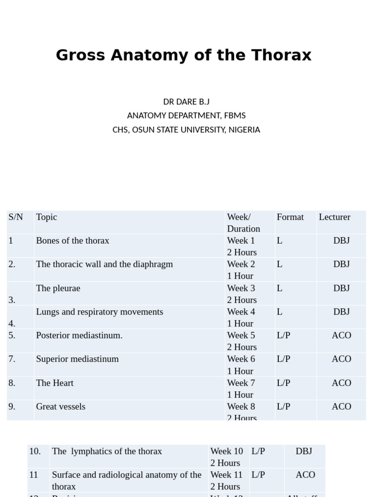 ANA 202 - Gross Anatomy of The Thorax by DR Dare-1 | PDF | Vertebra | Lung