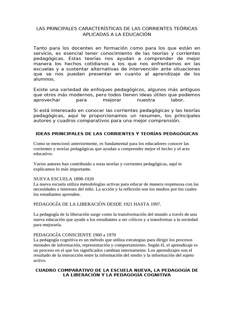 Las Principales Características de Las Corrientes Teóricas Aplicadas A ...