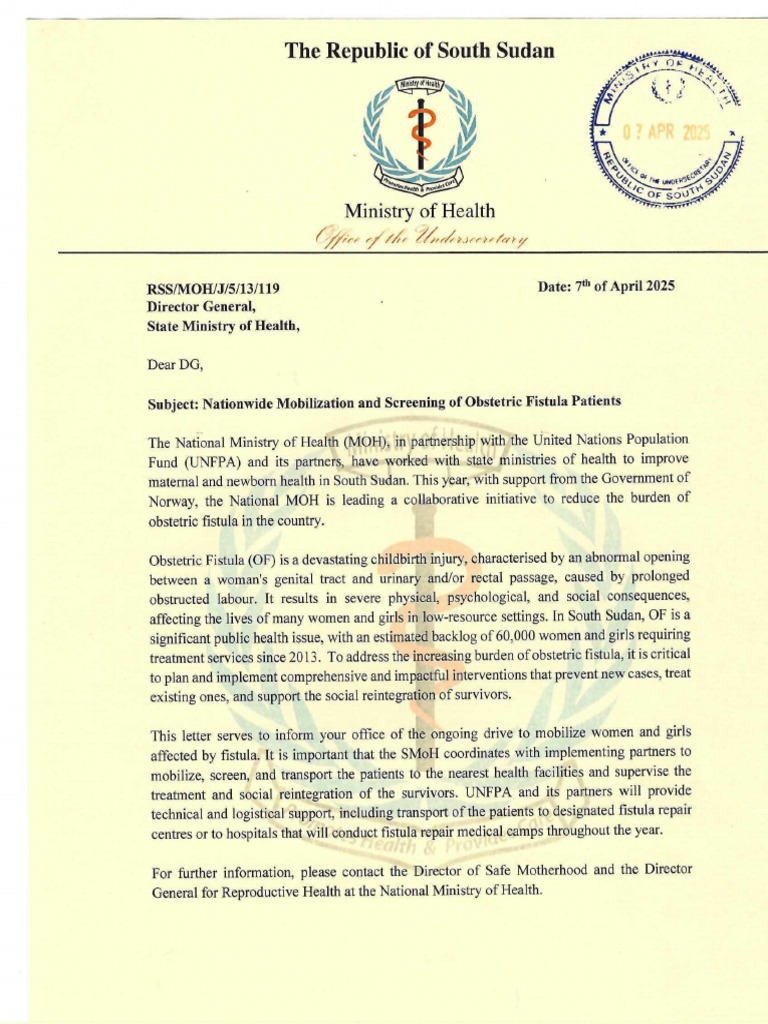 Obstetric Fistula MoH Letter | PDF
