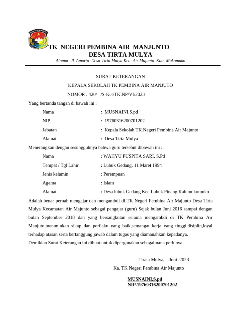 Surat Keterangan dan CV Wahyu Puspita Sari | PDF