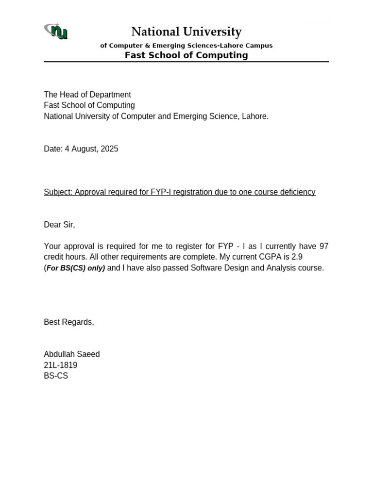 FYP-I Registeration Approval Application To HOD (One Course Deficiency ...