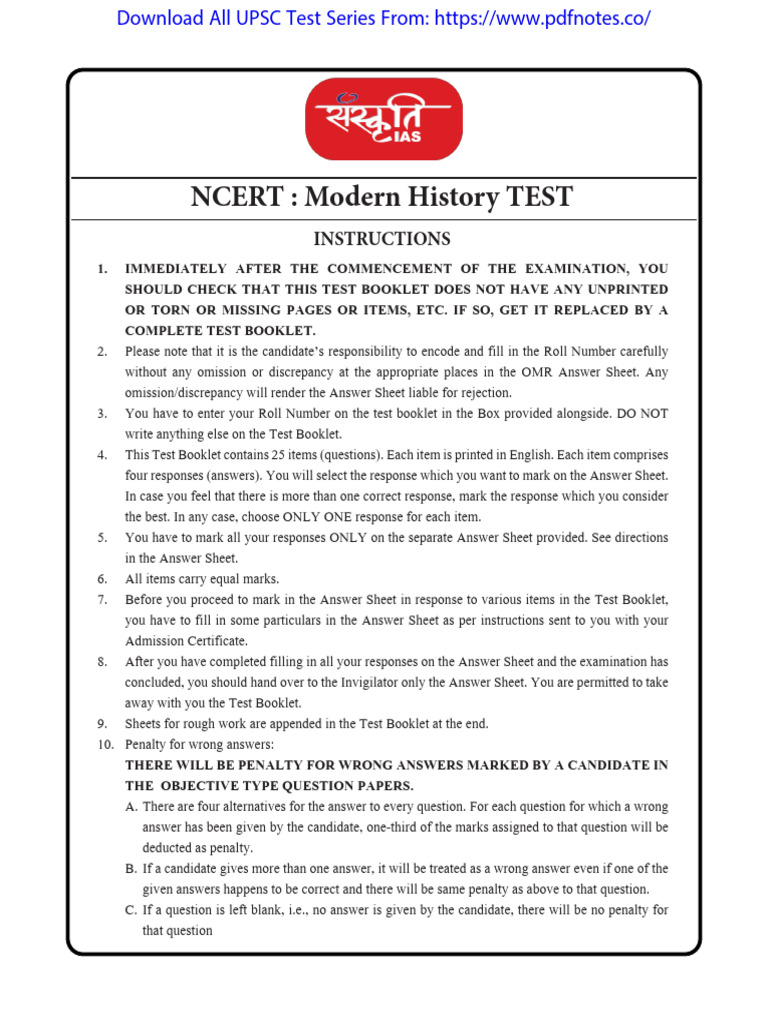 NCERT Modern History Exam Instructions | PDF