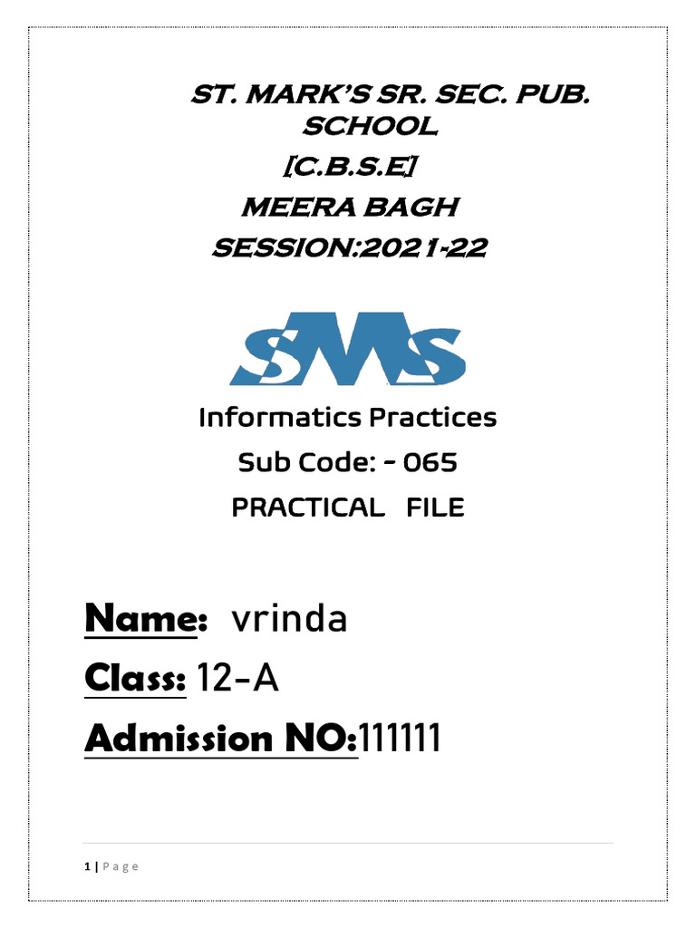 Class 12 Informatics Practices File | PDF | Computing | Computer ...