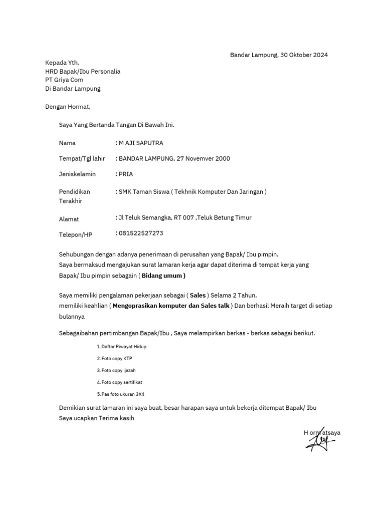 Surat Lamaran Kerja PDF | PDF