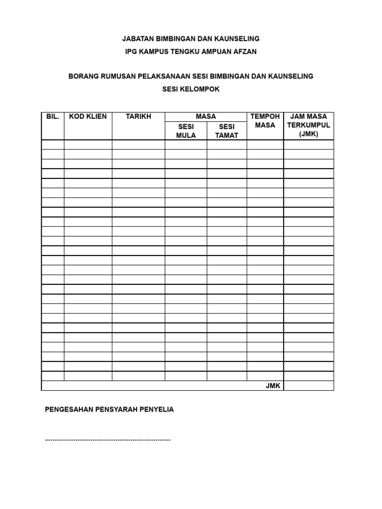 Borang Rumusan Jam Sesi Kaunseling Kelompok | PDF