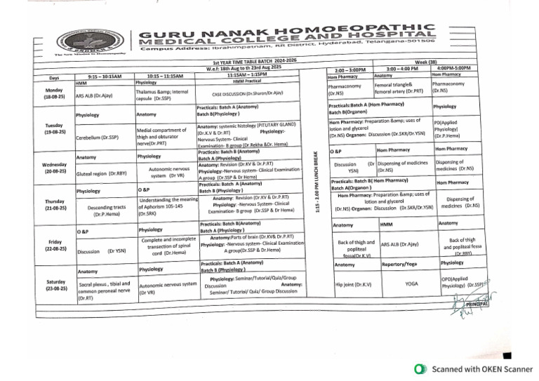 1st Year BHMS Time Table From 18th To 23rd Aug 2025 | PDF