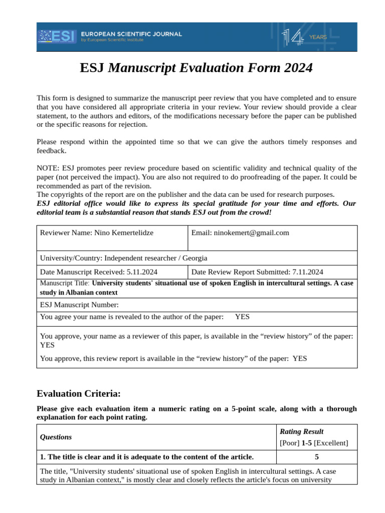 ESJ Manuscript Review Form 2024 | PDF | Linguistics | Methodology
