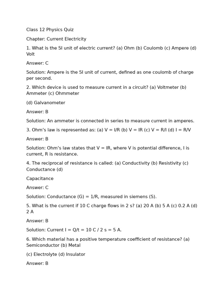 Class 12 Current Electricity Quiz | PDF | Electric Current | Physical ...