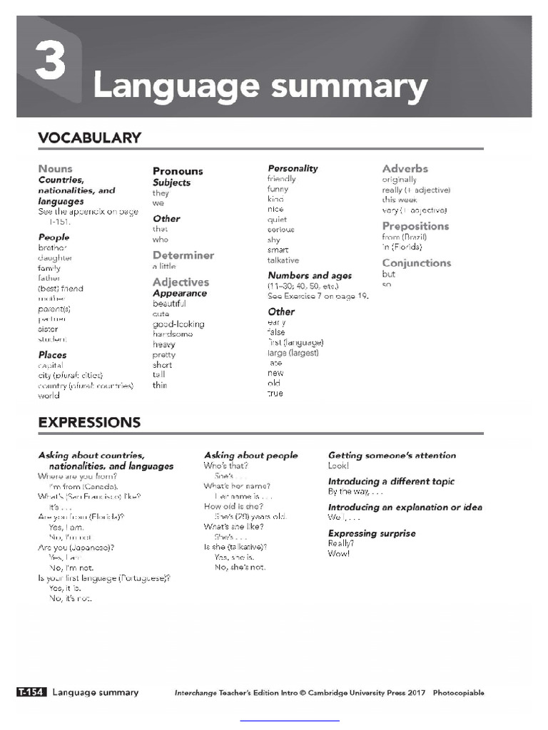Interchange5thEd IntroLevel Language Summary Units01 16 Page 03 | PDF