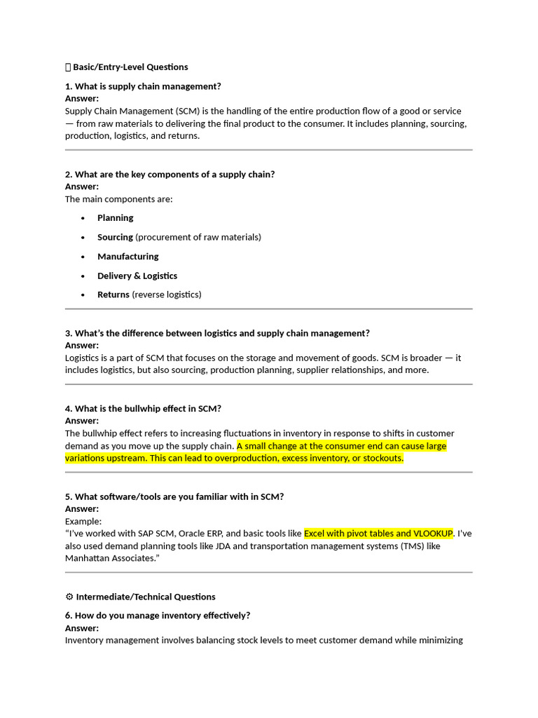 Supply Chain Management Interview Prep | PDF | Supply Chain | Supply ...