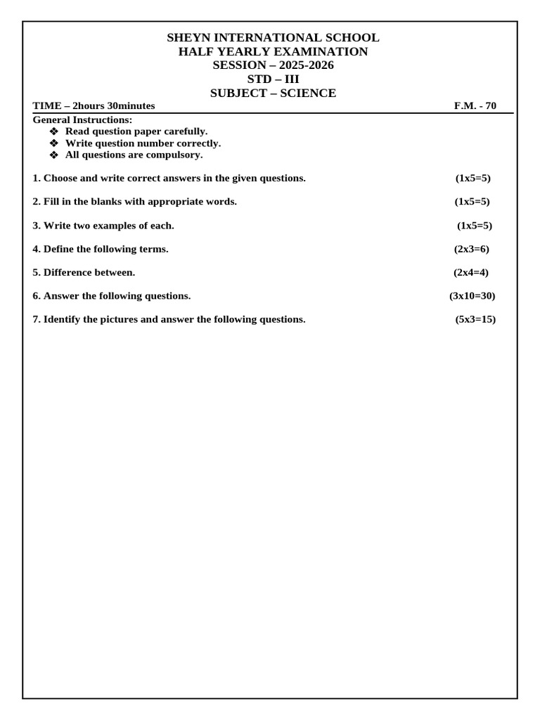 Class-3 Science Half Yearly Question | PDF
