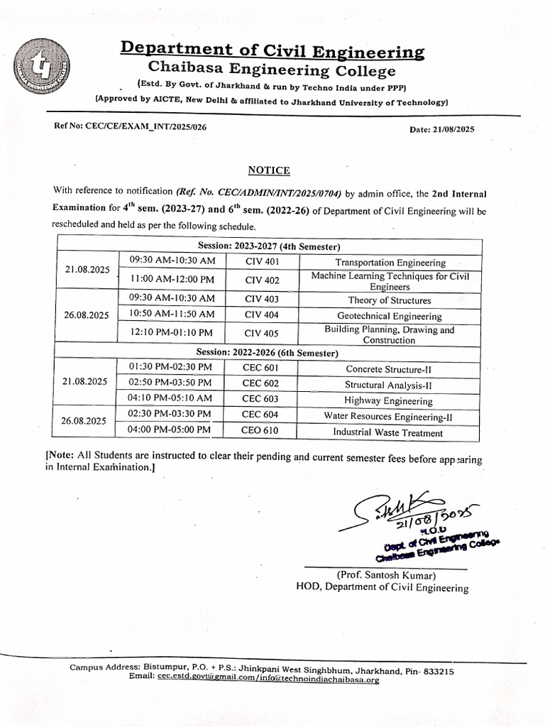 Exam Notice - Reschedule - 4th & 6th Sem - 2nd Internal Exam | PDF
