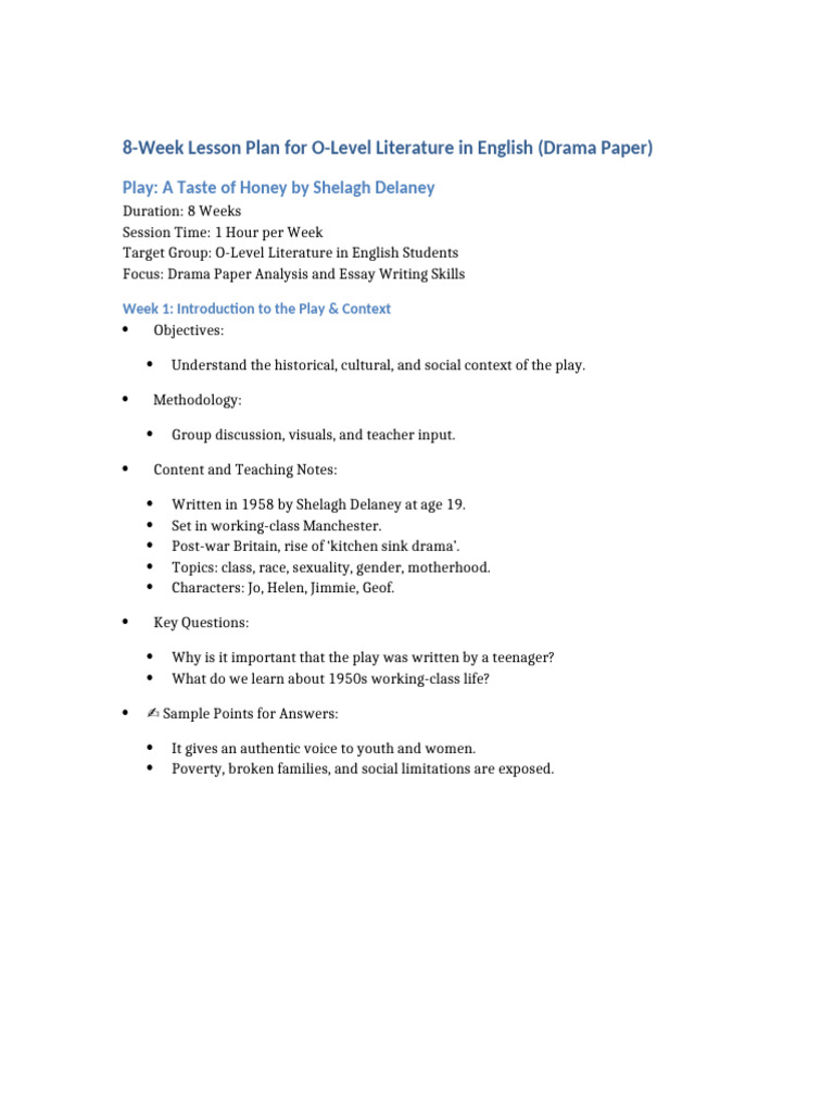 O-Level Drama Lesson Plan: A Taste of Honey | PDF