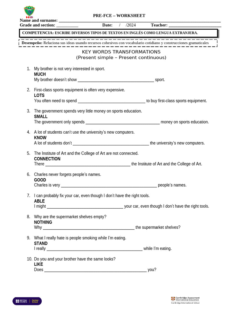 Key Word Transformations - Present Simple and Continuous - 2 | PDF