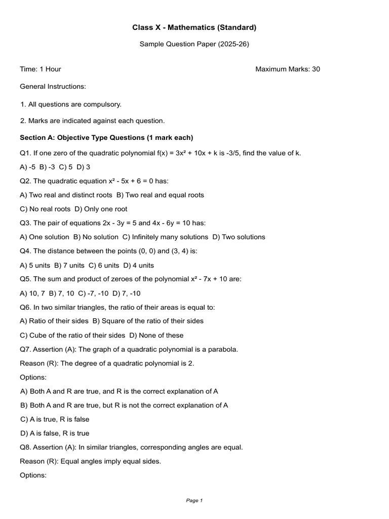 Class X Mathematics Sample Paper 2025-26 | PDF | Quadratic Equation ...