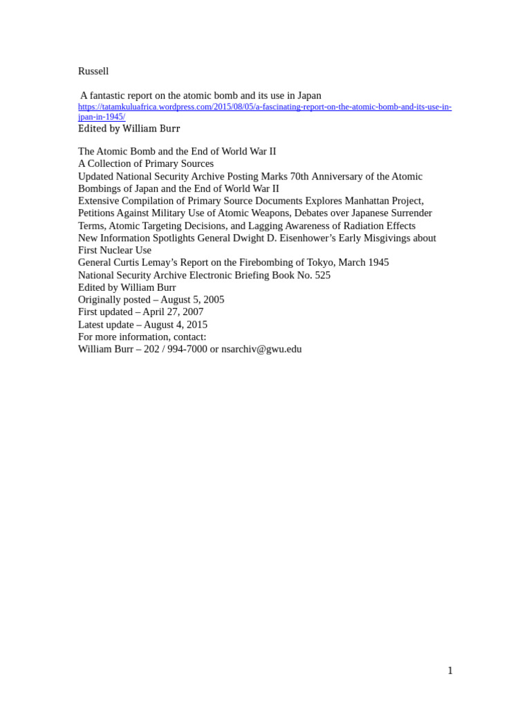 Atomic Bomb Use in WWII: Key Documents | PDF | Atomic Bombings Of ...