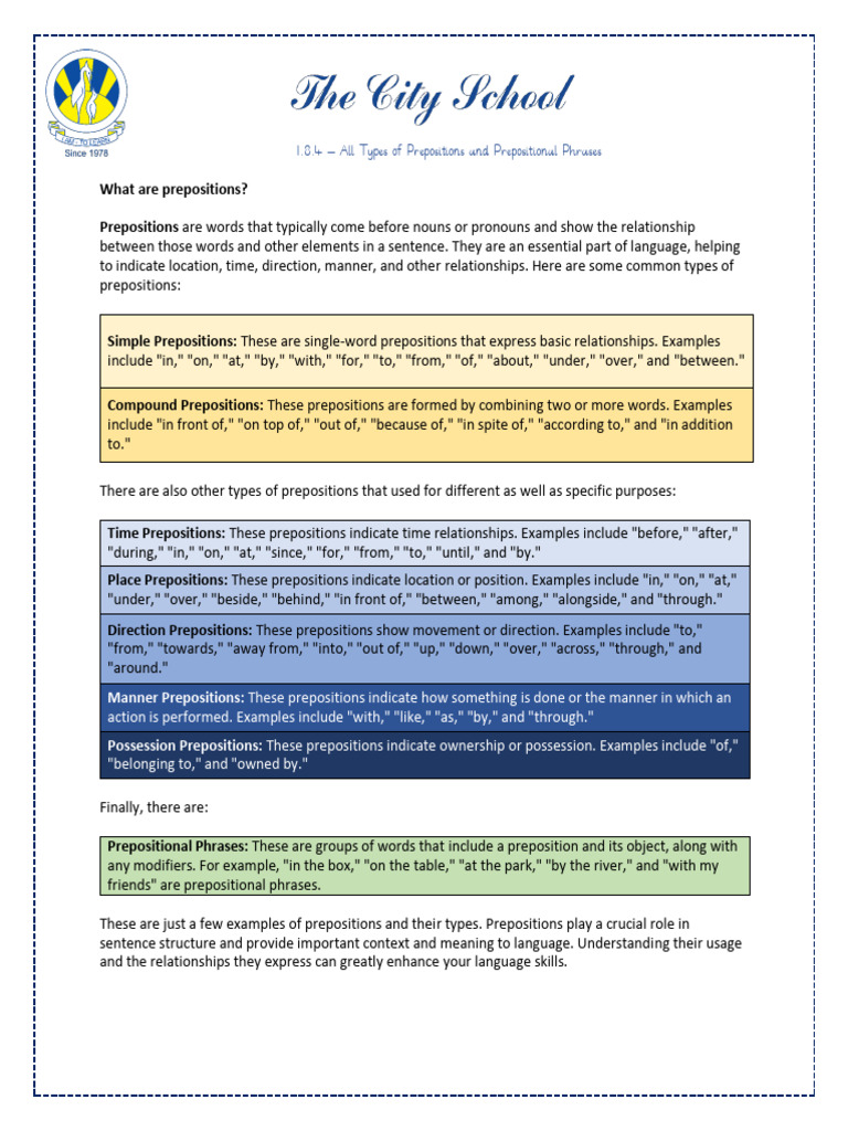 1.8.4 - All Types of Prepositions and Prepositional Phrases | PDF