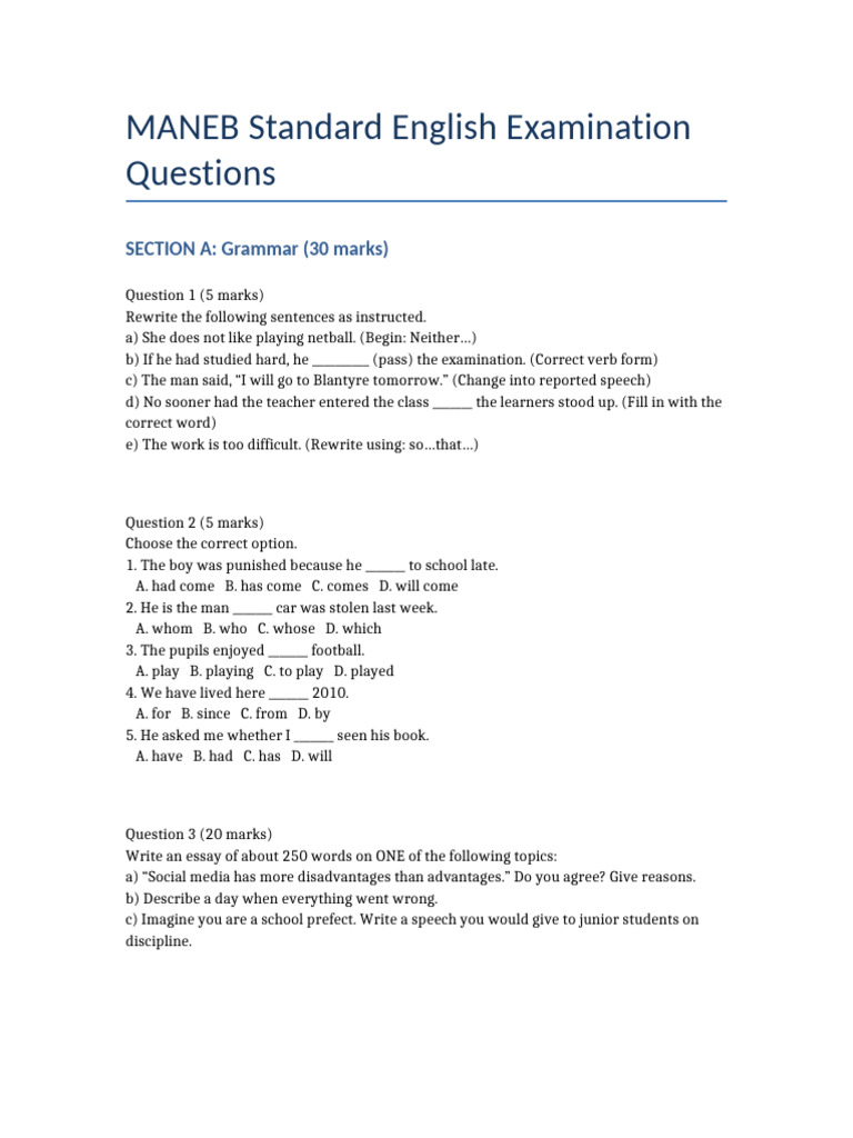 MANEB English Questions | PDF