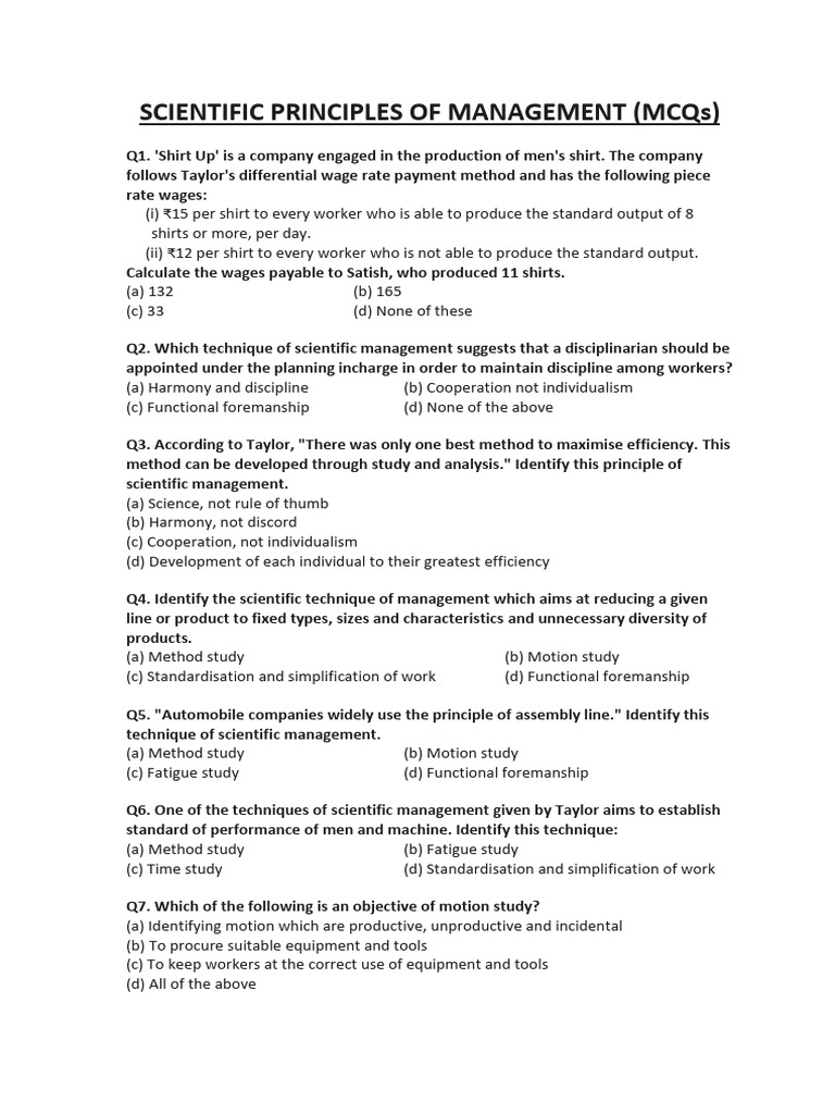 Scientific Principles of Management (MCQ) | PDF | Business | Production ...