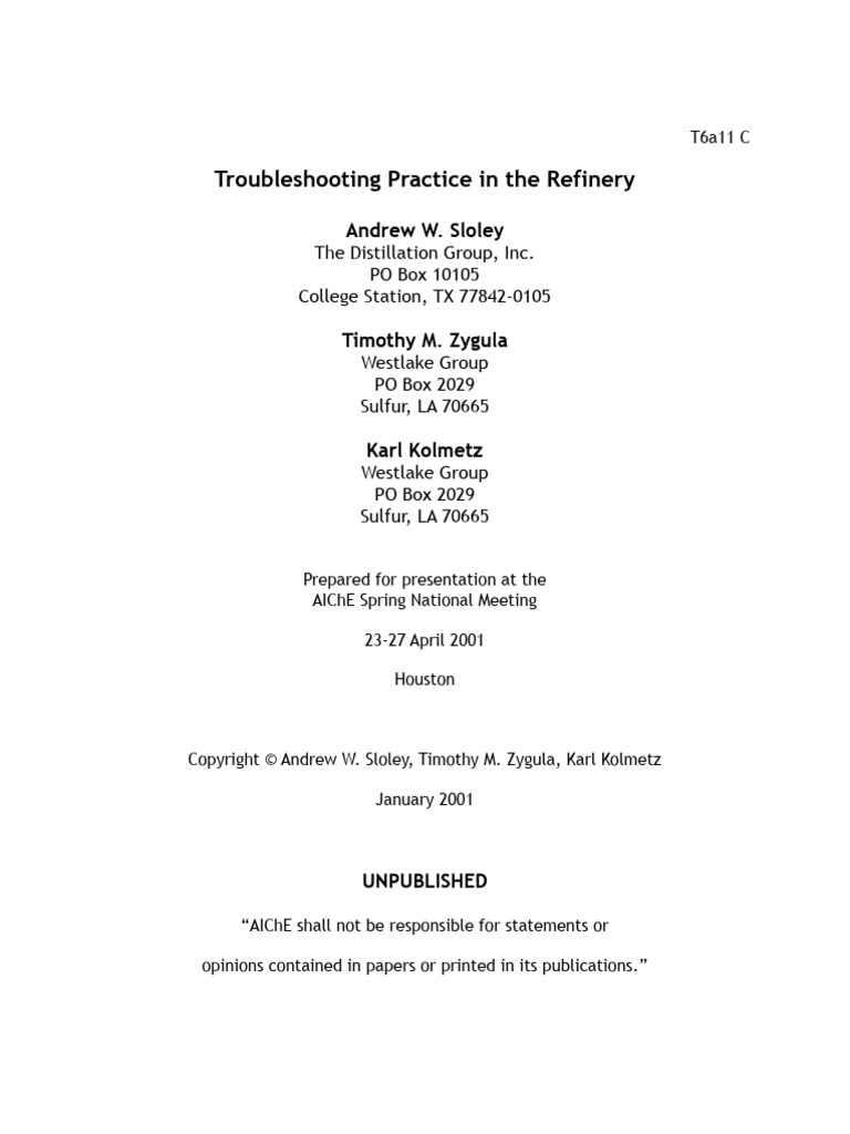 Troubleshooting Practice in the Refinery | PDF | Distillation | Heat Transfer