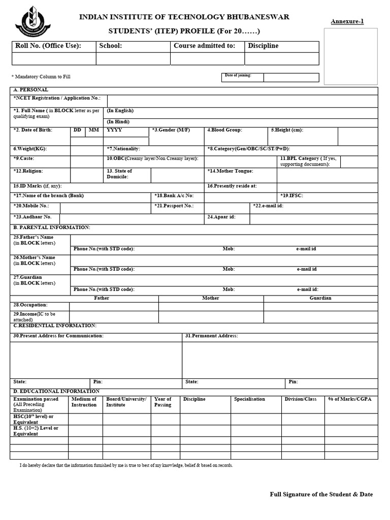 ITEP Annexure I Students Profile | PDF